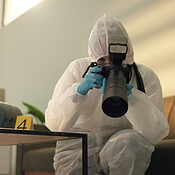 Csi, photographer and forensic at crime scene for investigation of ...