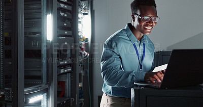 Tablet, engineer and woman on laptop in server room for cyber security ...