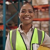 Logistics, warehouse and portrait of woman with smile for inventory ...