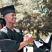 Happy man, students and handshake with certificate for graduation ...
