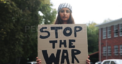 Protest, face and woman with cardboard sign for rally to stop war ...