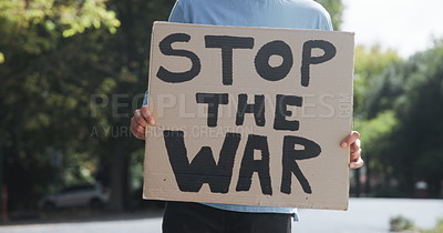 Protest, face and woman with cardboard sign for rally to stop war ...