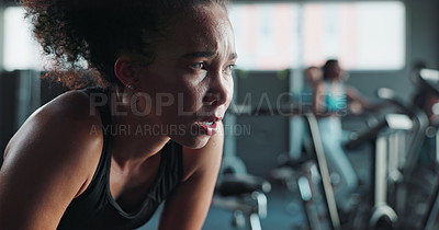 Tired, thinking or woman on gym break with fatigue, fitness and ...
