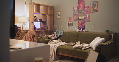 Dirty, garbage and messy living room in house with couch and fast food ...