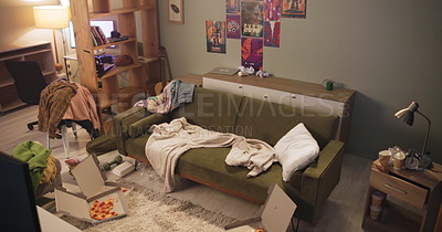 Dirty, garbage and messy living room in house with couch and fast food ...
