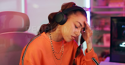 Home, gaming and woman with headache, stress and mistake with loser and ...