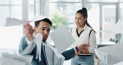 Man, falling and paperwork in busy toxic office with accident, crash ...