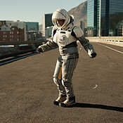 Space, travel and astronaut in city with dancing, future dystopia and ...