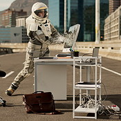 Destroy, tech and apocalypse with astronaut suit with protection from ...