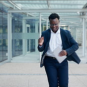 Business, black man and dancing in city for celebration, success or ...