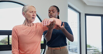 Old woman, physiotherapy and stretching pain or rehabilitation ...