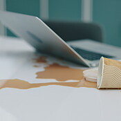 Laptop, coffee and spill with mistake, problem and office accident on ...