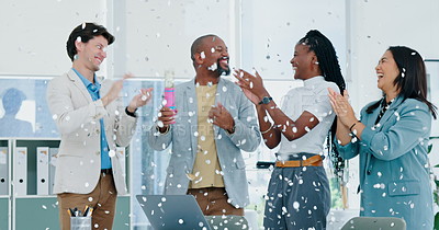 Celebration, confetti and business people in office with achievement ...
