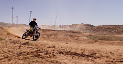 Motorcycle, outdoor and man riding on off road for competition or race ...