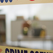 Crime scene, tape and home for murder, homicide and investigation with ...