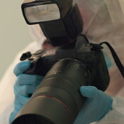 Forensic, photographer and crime scene picture for evidence in home ...
