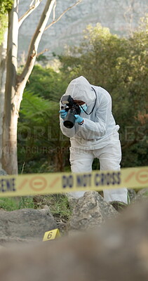 Photography, evidence and person on crime scene for investigation ...