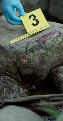 Outdoor, investigation and number by blood on crime scene for evidence ...