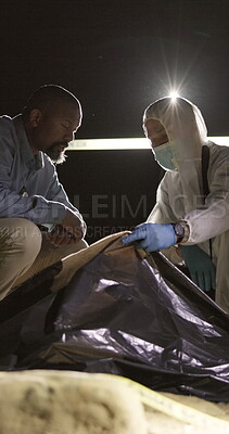 Crime scene, evidence and photograph with forensic team outdoor at ...