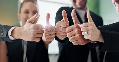 Business people, hands and thumbs up for corporate approval or professional, support or ...