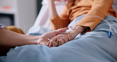 Mother, hands and comforting sick boy in hospital on bed with care ...
