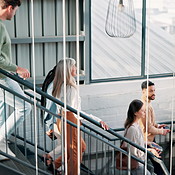 Business staff, office and stairs at a creative company agency with ...
