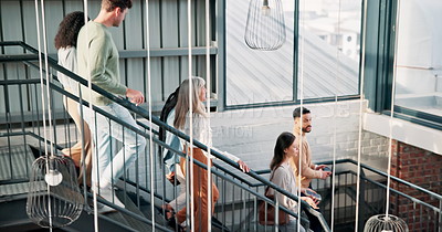 Business staff, office and stairs at a creative company agency with ...