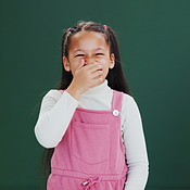 Children, face and shy girl dance in studio with funny movement, fun or ...