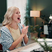 Woman, promotion and desk in office for celebration, laptop and cheer ...