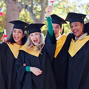 Friends, graduation and picture with smile, campus and document of ...