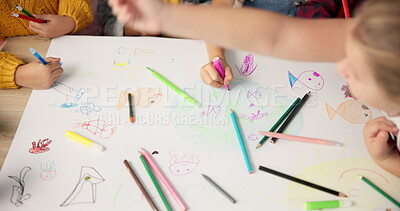 Children, group and hands drawing for creative project or school ...