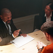 Interrogation, people and criminal with detective talking, injustice ...