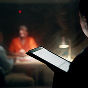 Woman, tablet and interrogation for crime, police investigation or ...
