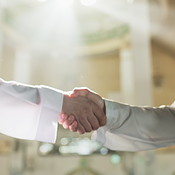 Islamic, muslim and men with handshake in mosque for greeting, respect ...