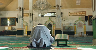 Muslim, man and prayer or dua in mosque for religious worship ...