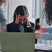 Business woman, multitasking and laptop for burnout, mental health and ...