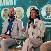 Stage, discussion and speaker of science, woman and explaining of ...