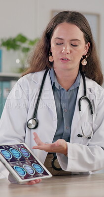 Doctor, healthcare and tablet with brain scan for patient, consultation ...