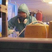 Drugs, lab and person with chemicals in hazmat suit for cooking ...
