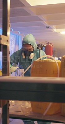 Drugs, lab and person with chemicals in hazmat suit for cooking ...