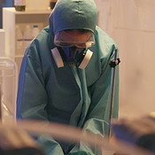 Drugs, lab and person grind chemicals in hazmat suit for cooking ...