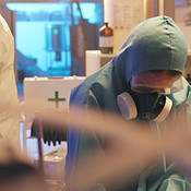 Drugs, lab and person with chemicals with gas mask for cooking ...