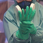 Drugs, lab and woman in hazmat suit with toxic chemicals for cooking ...