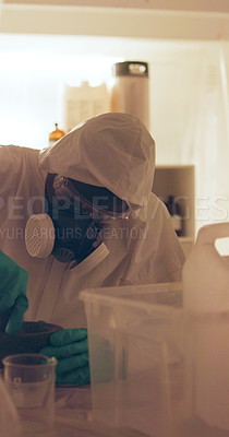 Drugs, lab and people in hazmat suit with chemicals for cooking ...