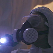 Investigation, team and people in ppe for biohazard at drug lab for ...