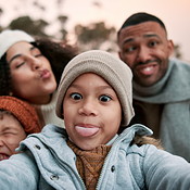 Funny face, family and selfie of kids with parents outdoor for care ...