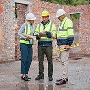 Construction team, building site and tablet for planning collaboration ...