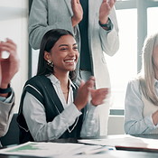 Presentation, applause and business people in office with celebration, achievement or success ...