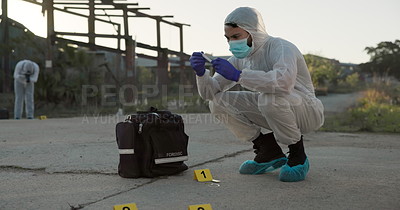 Road, crime scene and person with evidence for investigation ...