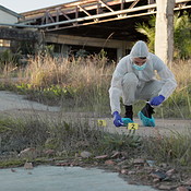 Crime scene, ppe and investigator with forensic evidence on swab for ...